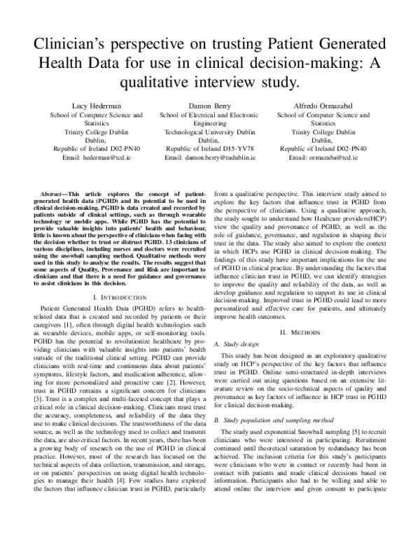 (PDF) Clinician's perspective on trusting Patient Generated Health Data ...