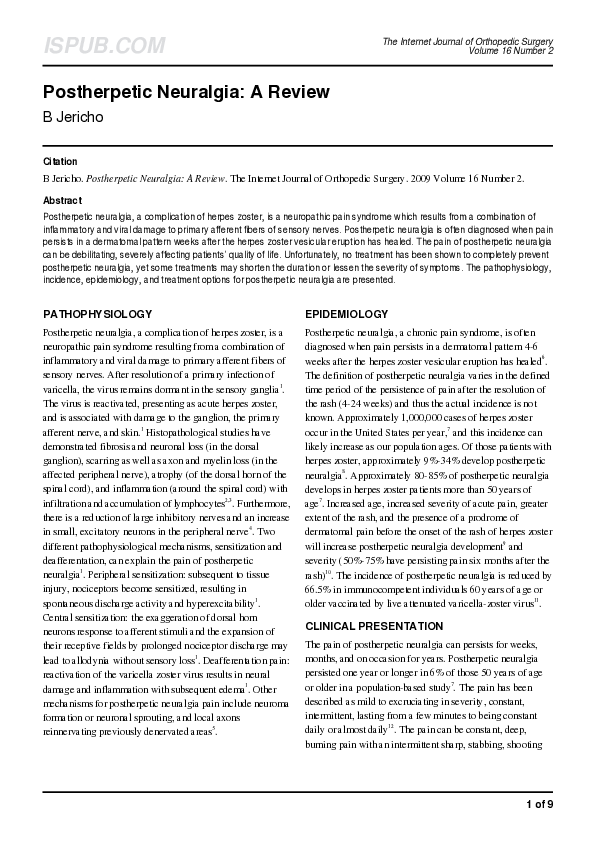 (PDF) Postherpetic Neuralgia: A Review