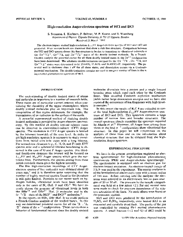 (PDF) High-Resolution Auger-Electron Spectrum of HCL and DCL