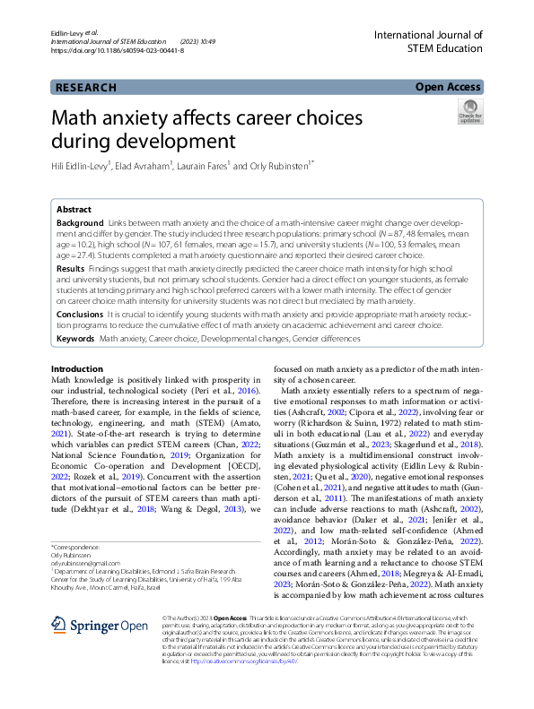 (PDF) Math anxiety affects career choices during development