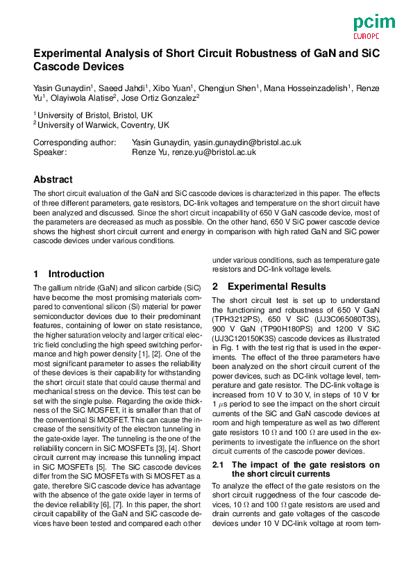 (PDF) Experimental Analysis of Short Circuit Robustness of GaN and SiC Cascode Devices