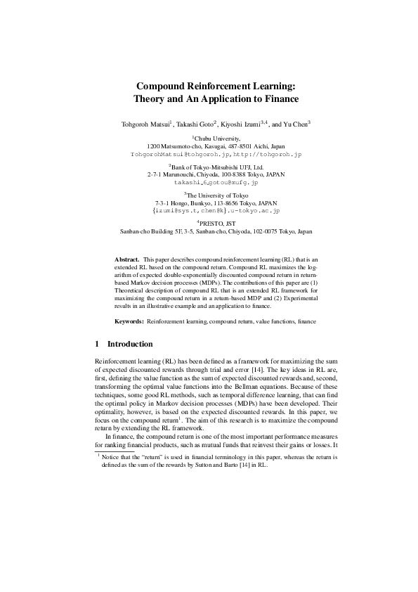 (PDF) Compound Reinforcement Learning: Theory and an Application to Finance | Kiyoshi Izumi ...