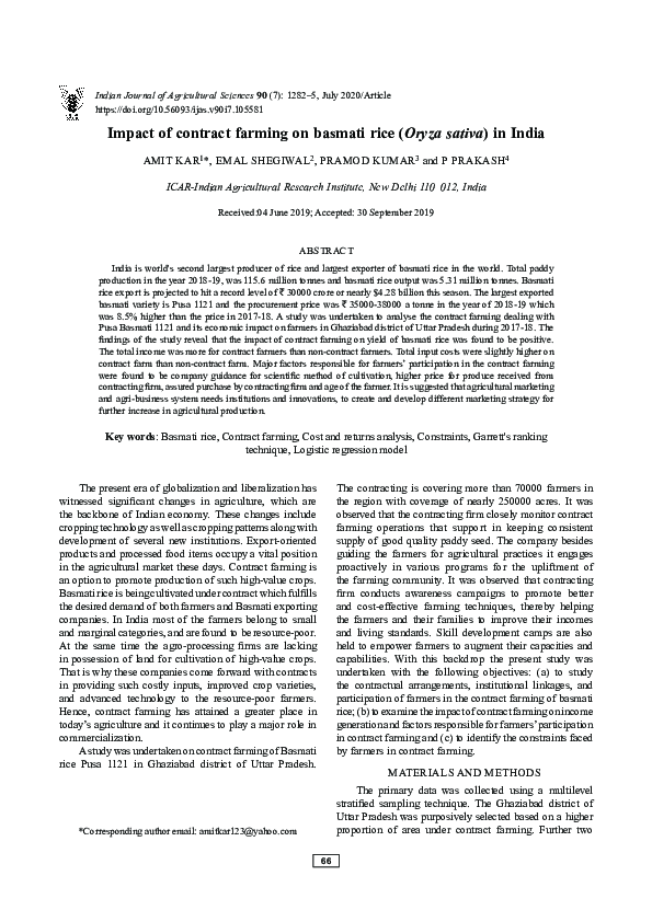 (PDF) Impact of contract farming on basmati rice (Oryza sativa) in India