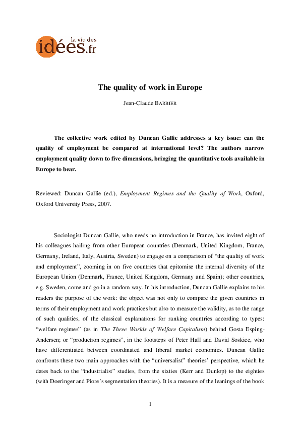 (PDF) The quality of work in Europe
