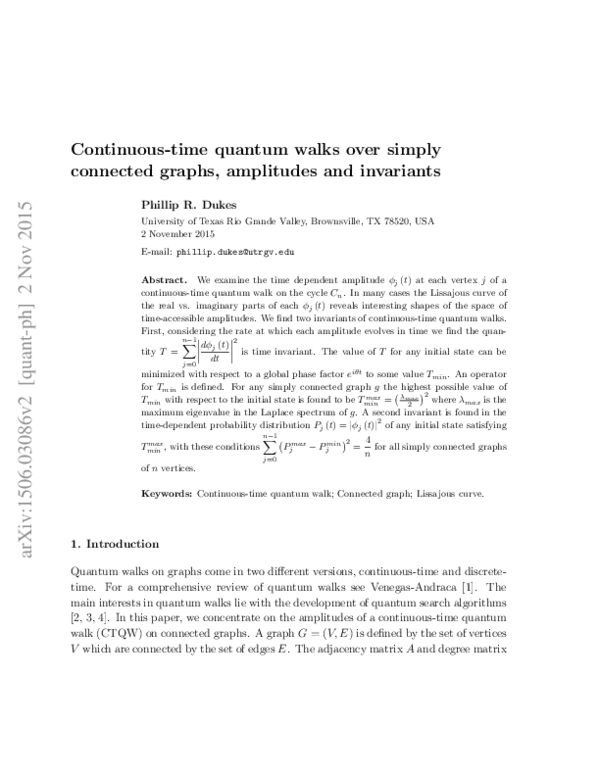 (PDF) Continuous-time quantum walks over connected graphs, amplitudes and invariants