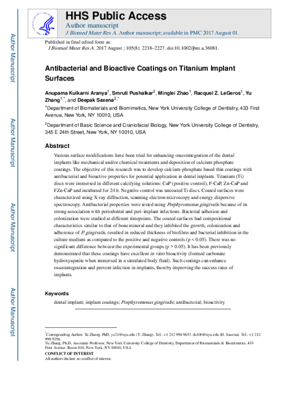 (PDF) Antibacterial and bioactive coatings on titanium implant surfaces