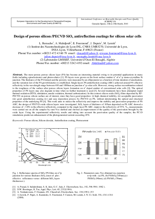 (PDF) Design of porous silicon/PECVD SiOx antireflection coatings for ...