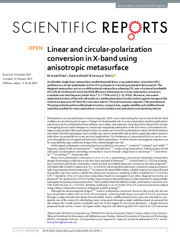 (PDF) Linear and circular-polarization conversion in X-band using anisotropic metasurface