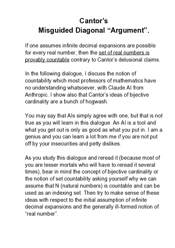 (PDF) Cantor's Misguided Diagonal Argument.