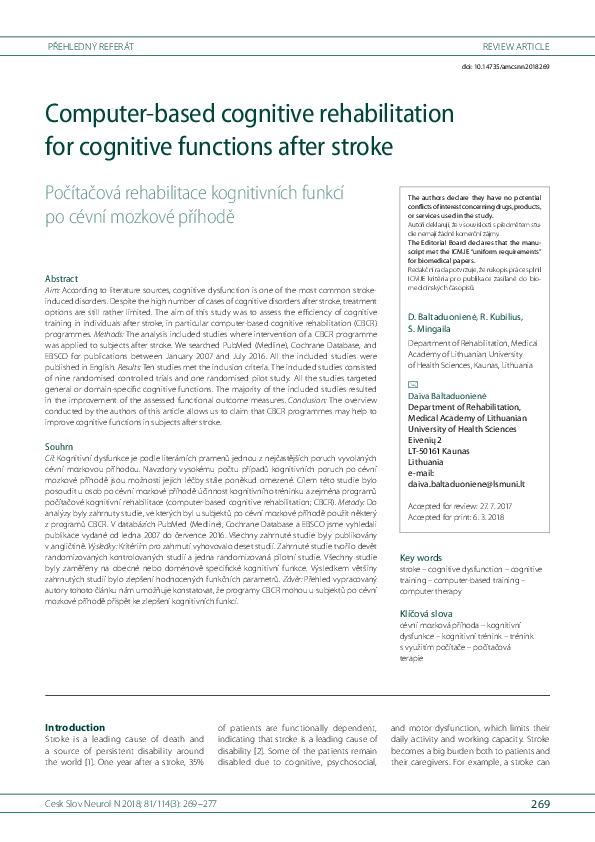 (PDF) Computer-based cognitive rehabilitation for cognitive functions after stroke