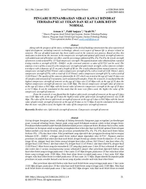 (PDF) Pengaruh Penambahan Serat Kawat Bendrat Terhadap Kuat Tekan Dan Kuat Tarik Beton Normal