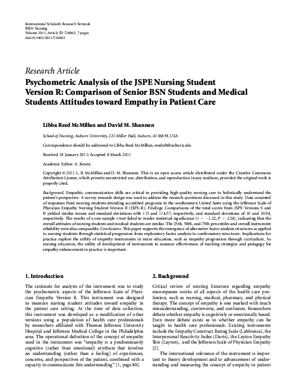 (PDF) Psychometric Analysis of the JSPE Nursing Student Version R: Comparison of Senior BSN ...