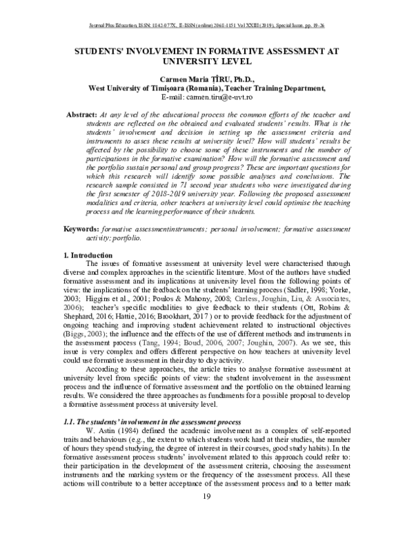 (PDF) Students' Involvement in Formative Assessment at University Level