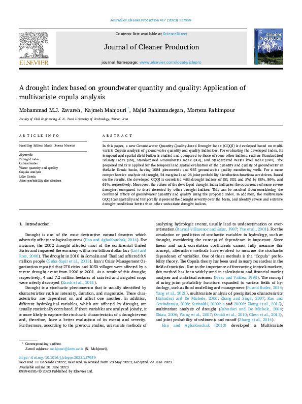 (PDF) A drought index based on groundwater quantity and quality: Application of multivariate ...