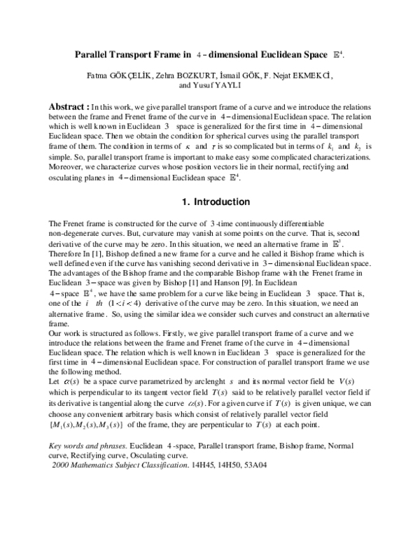 (PDF) Parallel Transport Frame in 4-dimensional Euclidean Space