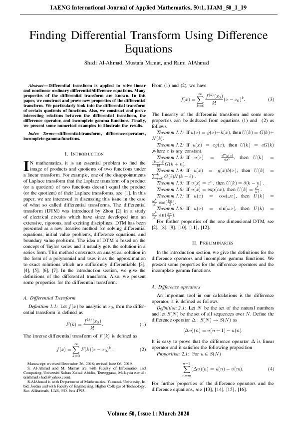 Pdf Finding Differential Transform Using Difference Equations
