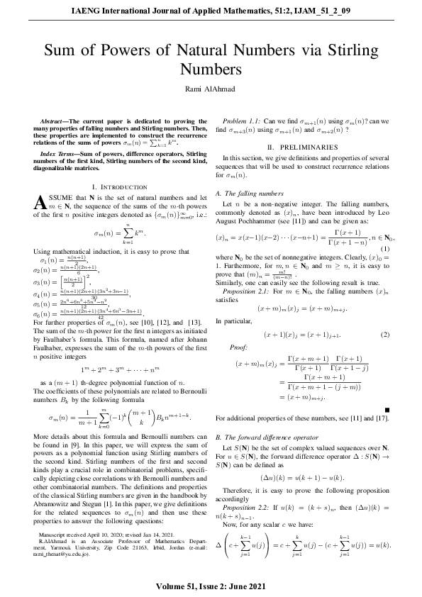(PDF) Sum of Powers of Natural Numbers via Stirling Numbers
