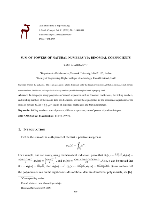 (PDF) Sum of powers of natural numbers via binomial coefficients