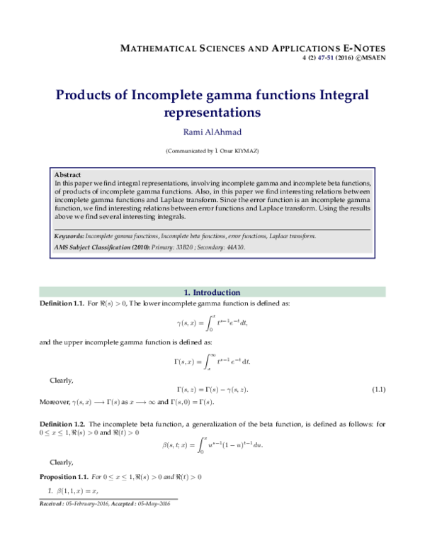 (PDF) Products of Incomplete gamma functions Integral representations