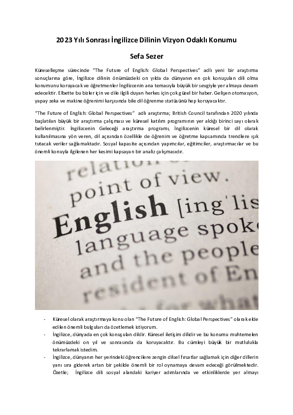 (PDF) 2023 Yılı Sonrası İngilizce Dilinin Vizyon Odaklı Konumu / Vision-Oriented Position of ...