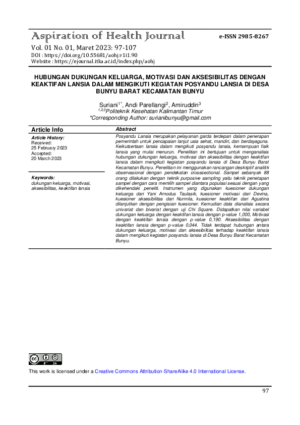 (PDF) Hubungan Dukungan Keluarga, Motivasi Dan Aksesibilitas Dengan Keaktifan Lansia Dalam ...