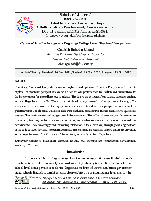(PDF) Causes of Low Performance in English at College Level: Teachers ...