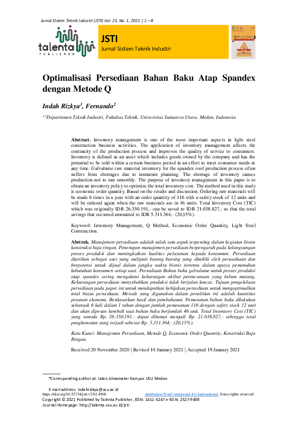 (PDF) Optimalisasi Persediaan Bahan Baku Atap Spandex dengan Metode Q