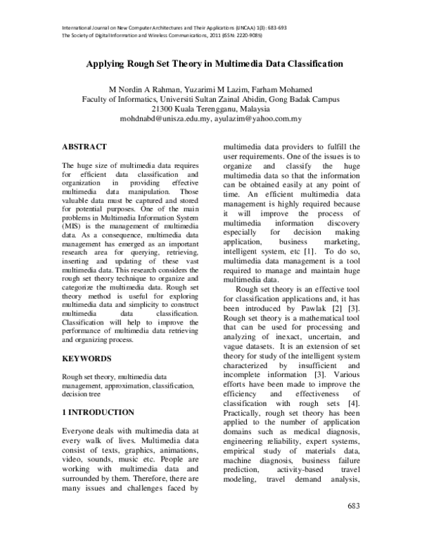 (PDF) Applying Rough Set Theory in Multimedia Data Classification | Zainal Abidin - Academia.edu