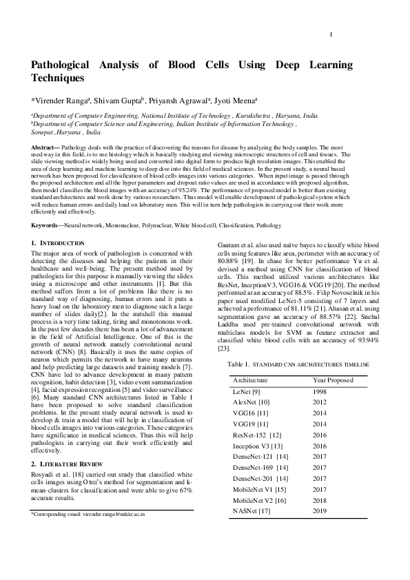 (PDF) Pathological Analysis of Blood Cells Using Deep Learning Techniques