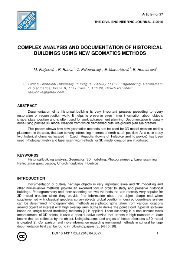 (PDF) Complex Analysis and Documentation of Historical Buildings Using New Geomatic Methods