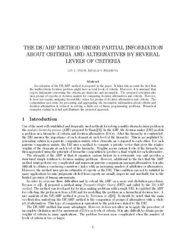 (PDF) The DS/Ahp Method Under Partial Information About Criteria and Alternatives by Several ...
