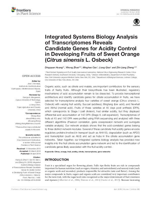 Pdf Integrated Systems Biology Analysis Of Transcriptomes Reveals Candidate Genes For Acidity