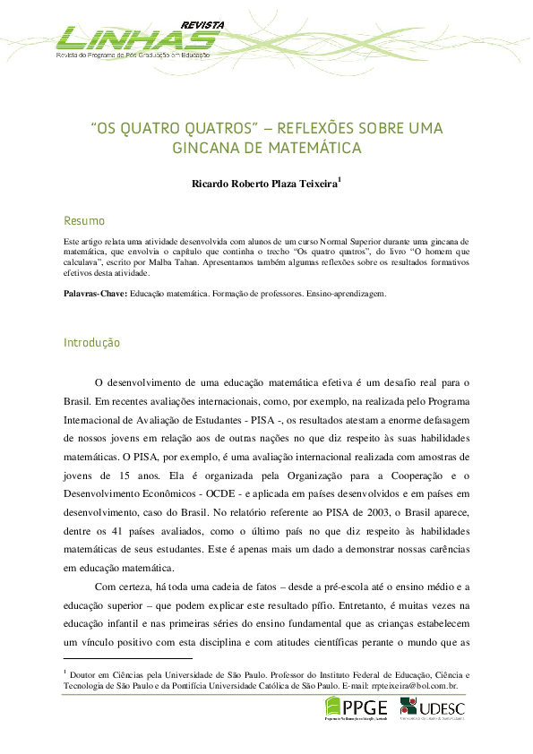 (PDF) “Os Quatro Quatros” – Reflexões Sobre Uma Gincana De Matemática ...