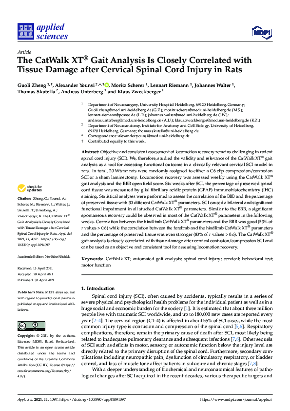 (PDF) The CatWalk XT® Gait Analysis Is Closely Correlated with Tissue ...