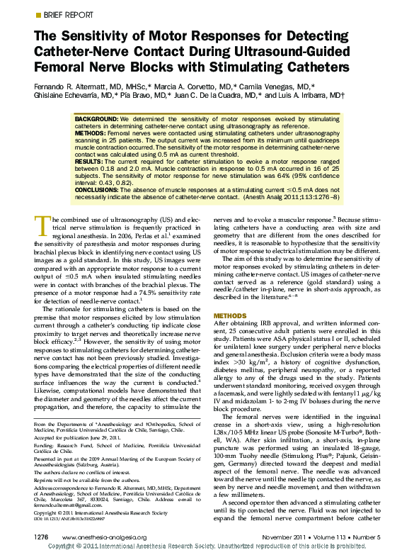 Pdf The Sensitivity Of Motor Responses For Detecting Catheter Nerve Contact During Ultrasound