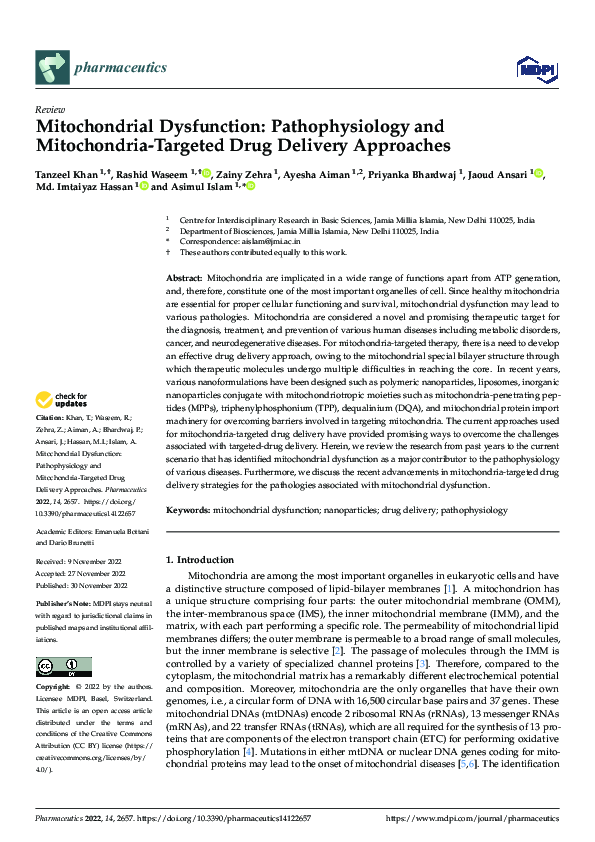 (PDF) Mitochondrial Dysfunction: Pathophysiology and Mitochondria-Targeted Drug Delivery Approaches