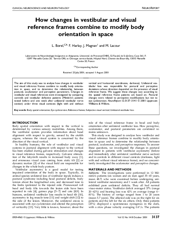 (PDF) How changes in vestibular and visual reference frames combine to modify body orientation ...