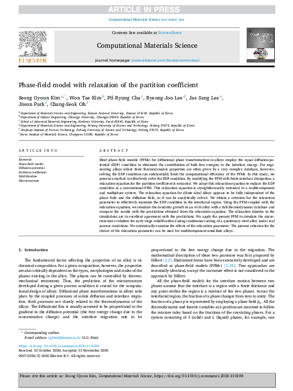 (PDF) Phase-field model with relaxation of the partition coefficient