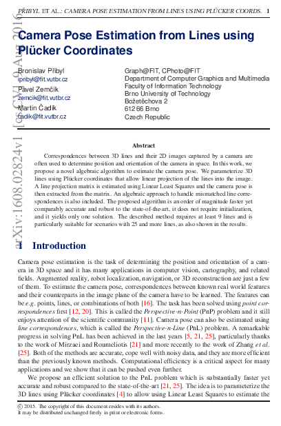 (PDF) Camera Pose Estimation from Lines using Plücker Coordinates