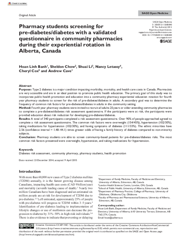 (PDF) Pharmacy students screening for pre-diabetes/diabetes with a ...