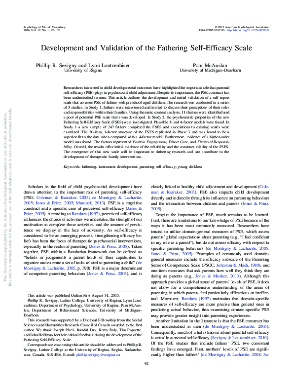 (PDF) Development and validation of the Fathering Self-Efficacy Scale
