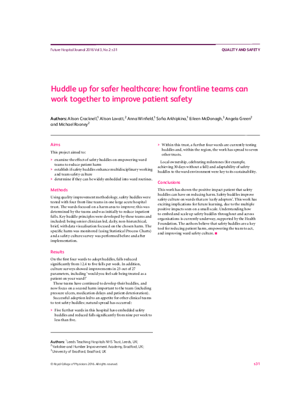 (PDF) Huddle up for safer healthcare: how frontline teams can work ...