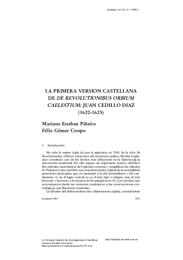 (PDF) La primera versión castellana de De Revolutionibus Orbium ...