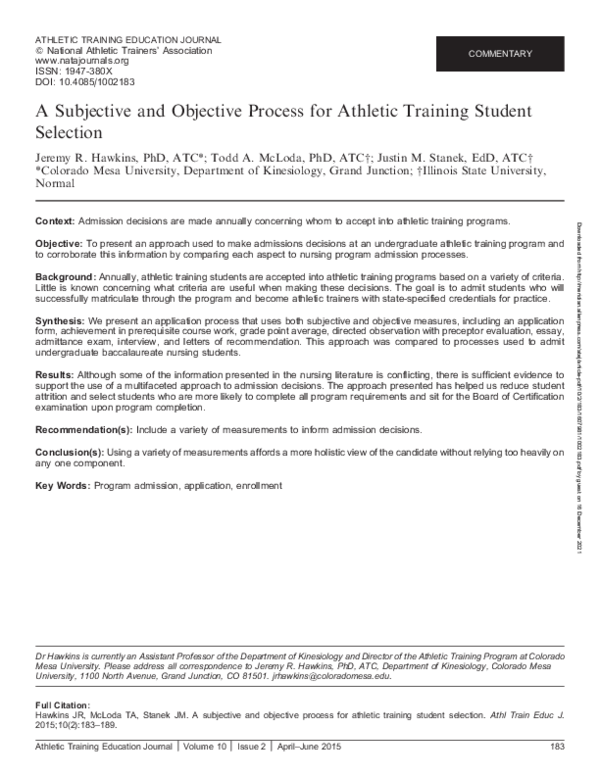 (PDF) A Subjective and Objective Process for Athletic Training Student ...