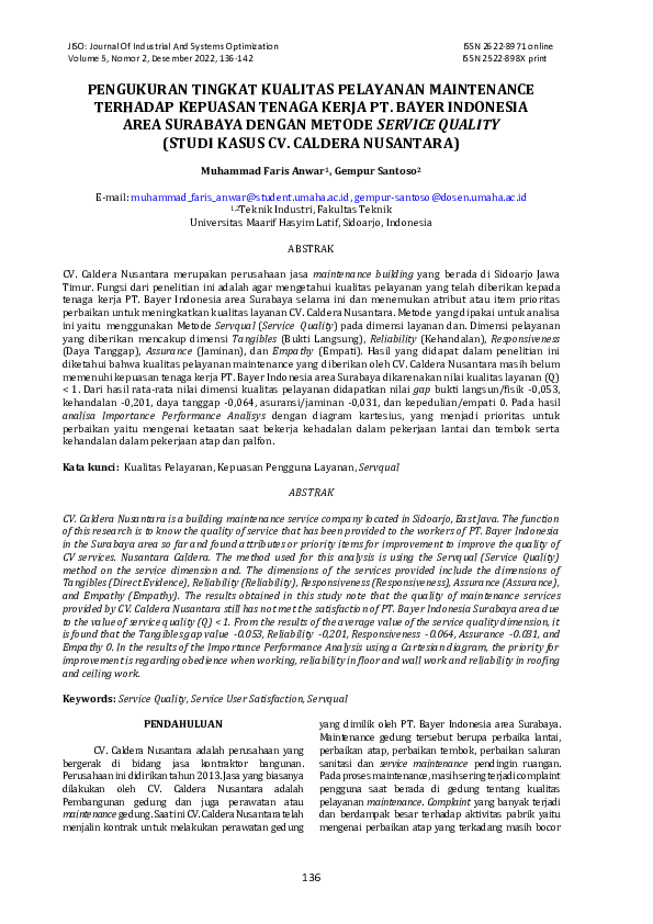 (PDF) Pengukuran Tingkat Kualitas Pelayanan Maintenance Terhadap Kepuasan Tenaga Kerja Pt. Bayer ...