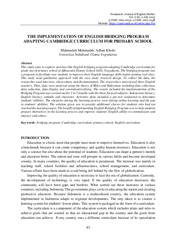 (PDF) THE IMPLEMENTATION OF ENGLISH BRIDGING PROGRAM ADAPTING CAMBRIDGE ...