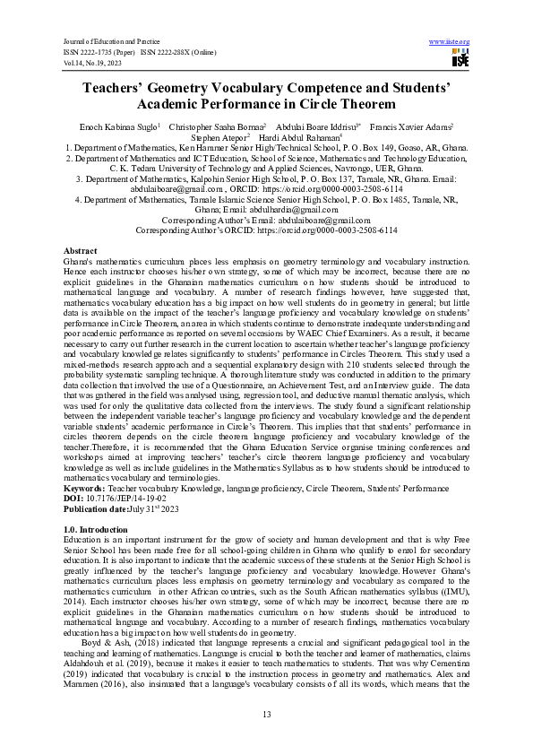 (PDF) Teachers' Geometry Vocabulary Competence and Students' Academic ...