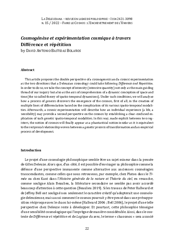 (PDF) Cosmogénèse et expérimentation cosmique à travers Différence et ...