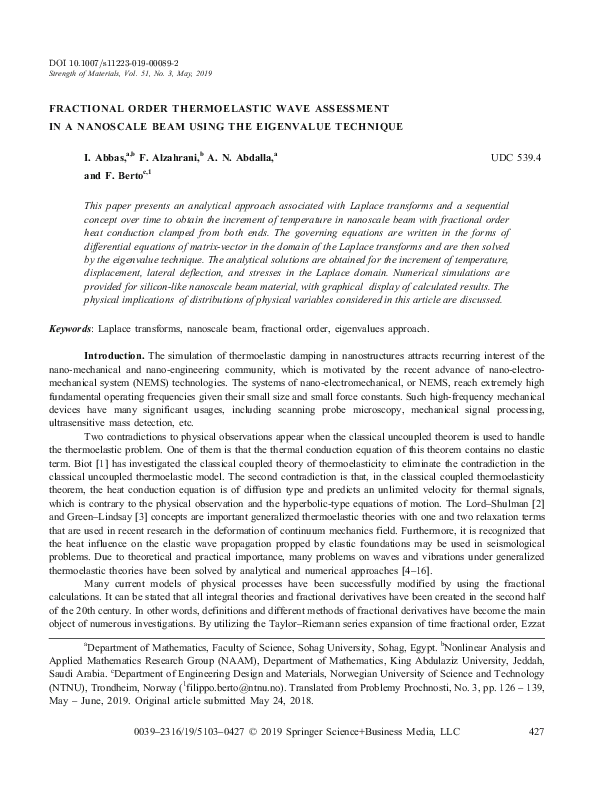 Fractional Order Thermoelastic Wave Assessment In A Nanoscale Beam Using The Eigenvalue Technique