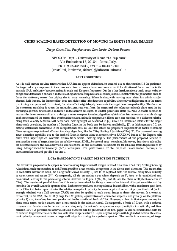 (PDF) Chirp scaling based detection of moving targets in SAR images | Pierfrancesco Lombardo ...